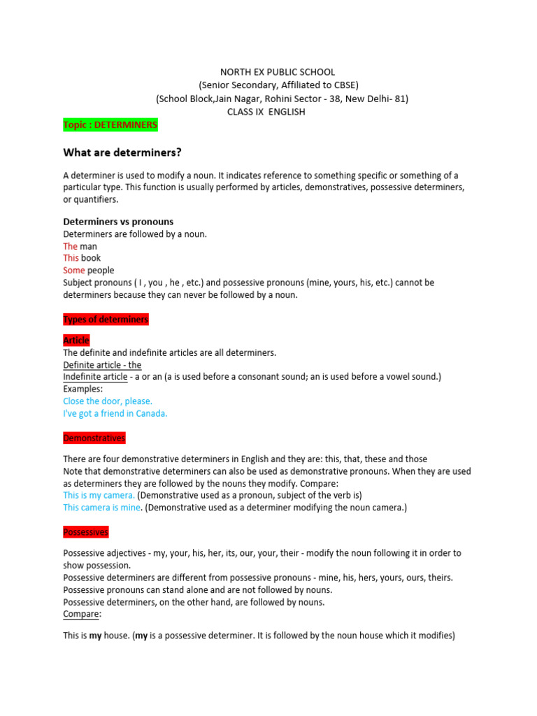 DETERMINERS Class 9 English | PDF | Noun | Pronoun