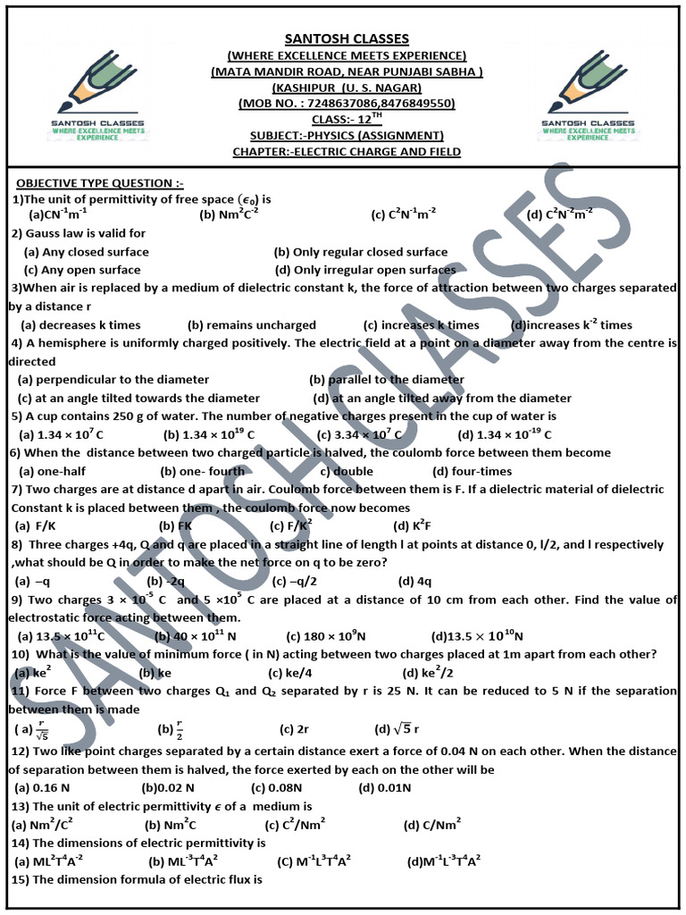 Class 12th Assignment ELECTRIC CHARGE AND FIELDS 1 | PDF | Electric Field | Permittivity