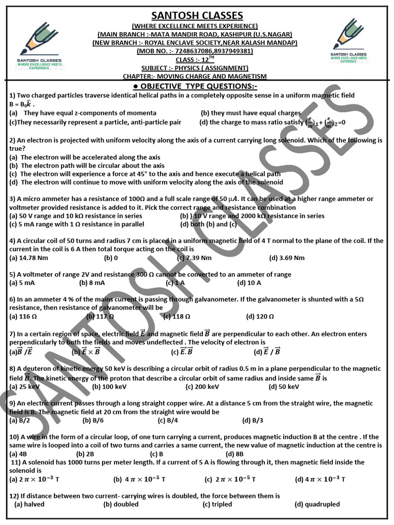 OBJECTIVE ASSIGNMENT MOVING CHARGE AND MAGNETISM 2024 Final | PDF ...