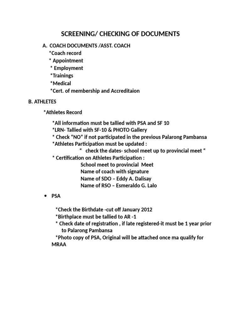 SCREENING Athletes Documents | PDF