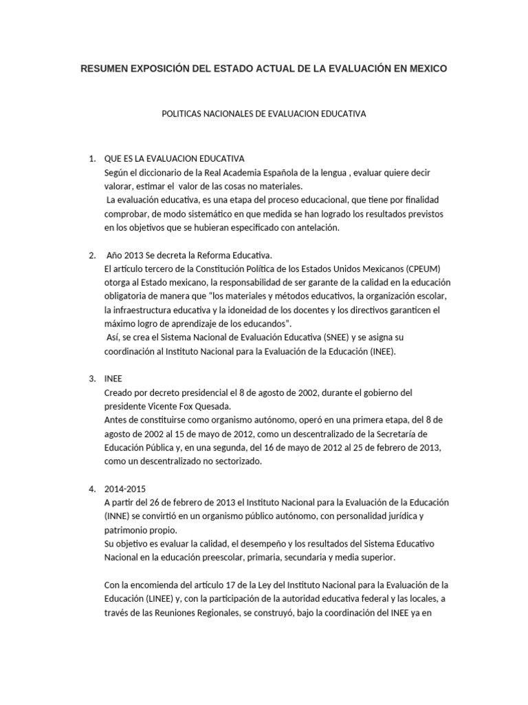 RESUMEN EXPOSICIóN DEL ESTADO ACTUAL DE LA EVALUACIÓN EN MEXICO | PDF | Evaluación | Programa ...