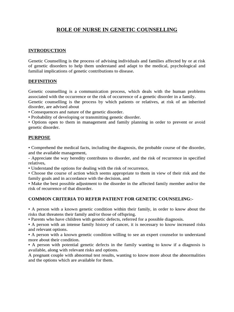 ROLE OF NURSE IN GENEtic Counselling | PDF | Genetic Counseling ...