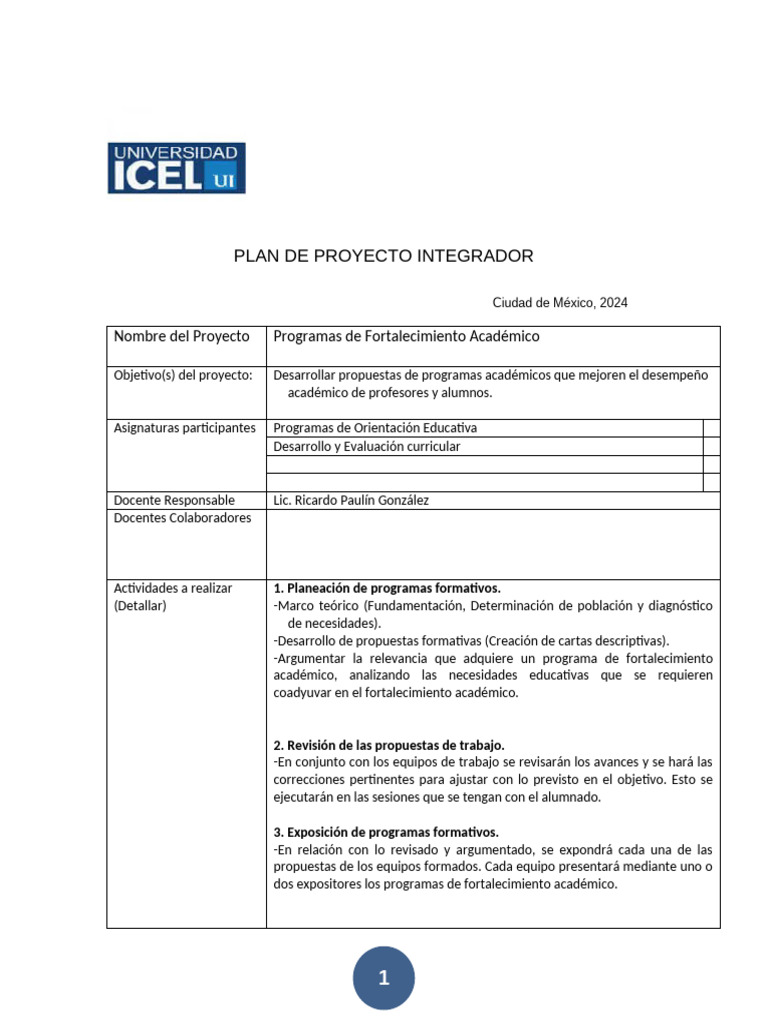 PLAN DE PROYECTO INTEGRADOR Dic2024_Lic Ricardo Paulín | PDF | Cognición