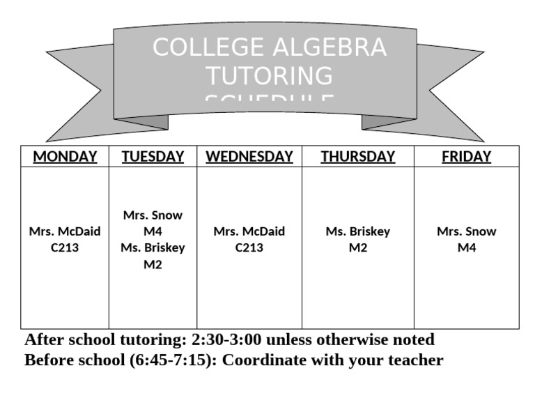 College Algebra Tutoring Schedule | PDF