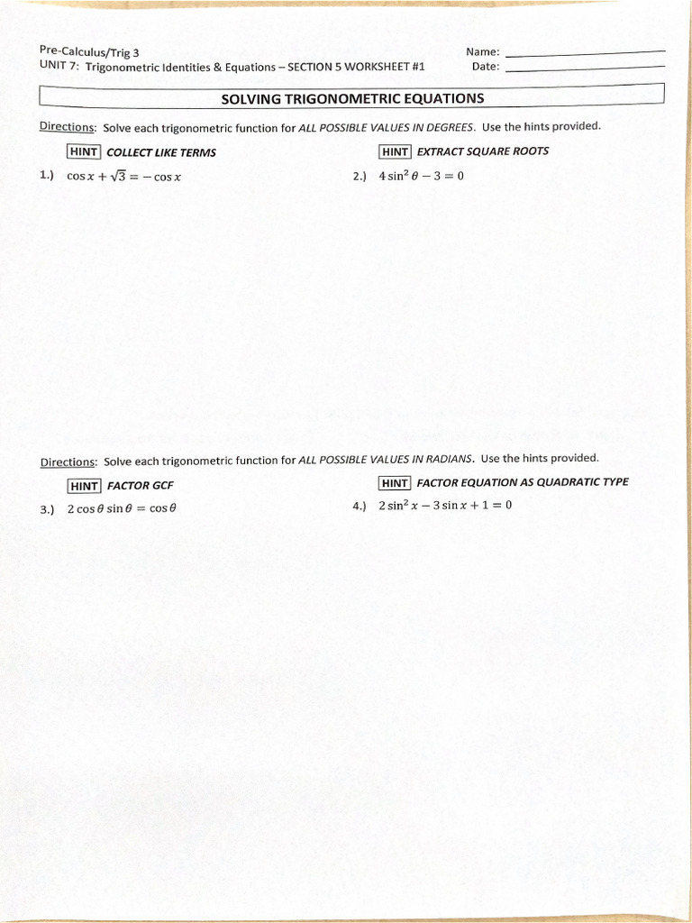 G10 Trig Equations Worksheet | PDF