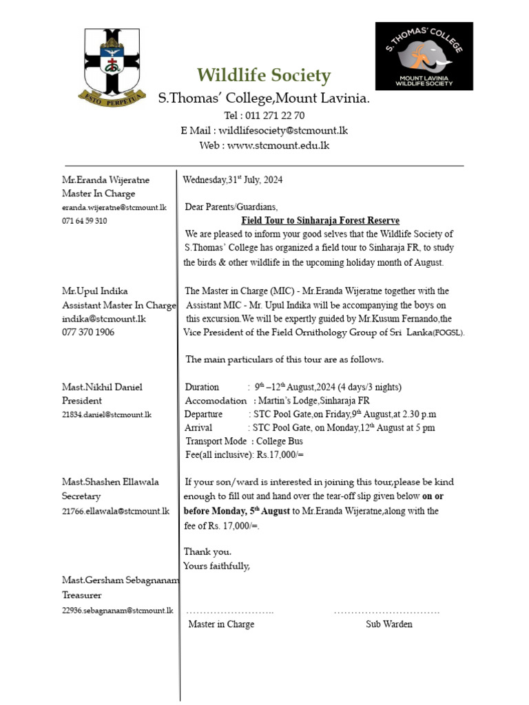 Sinharaja Tour Letter | PDF | Sri Lanka