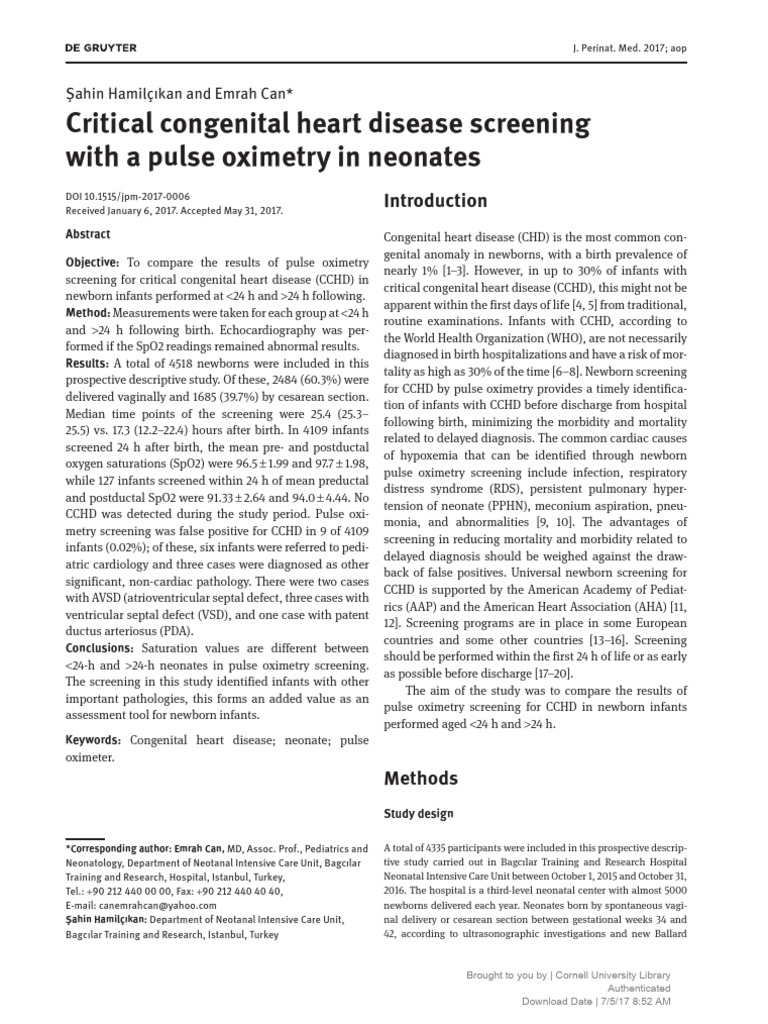 Critical Congenital Heart Disease Screening With A Pulse Oximetry in ...