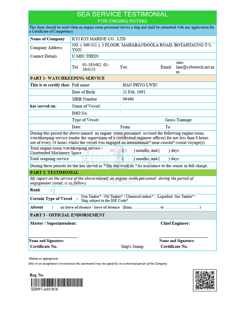 Sea Service Testimonial: For Enging Rating | PDF | Ships | Merchant Navy