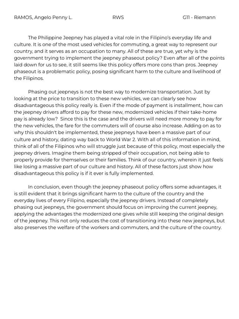 Jeepney Phaseout Revised Essay | PDF