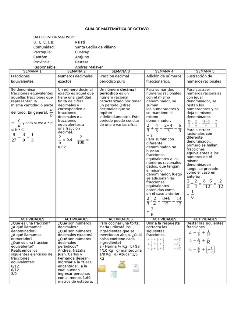 Matemáticas de Octavo: Fracciones y Decimales | PDF | Decimal | Número ...