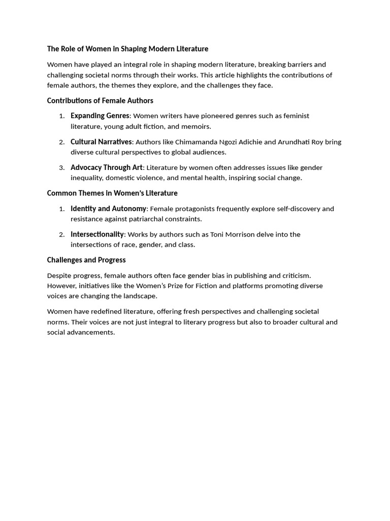 The Role of Women in Shaping Modern Literature | PDF