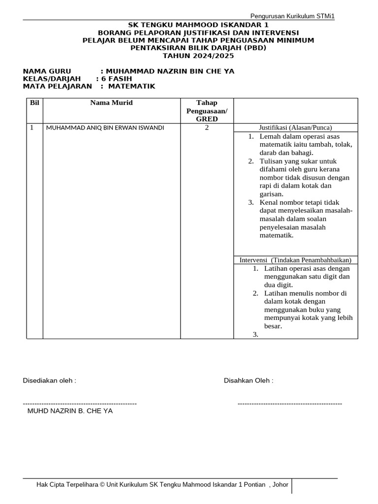 BORANG JUSTIFIKASI PBD MT 6 fasih | PDF