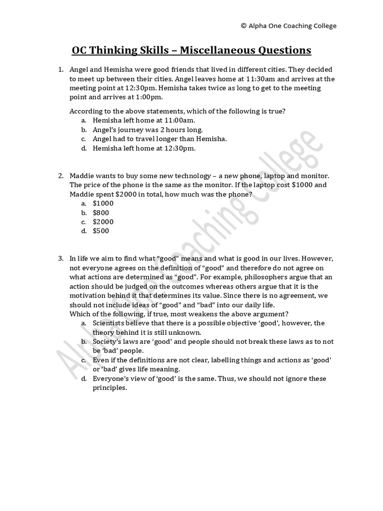 OC Thinking Skills Practice Questions | PDF | Career & Growth | Sports ...