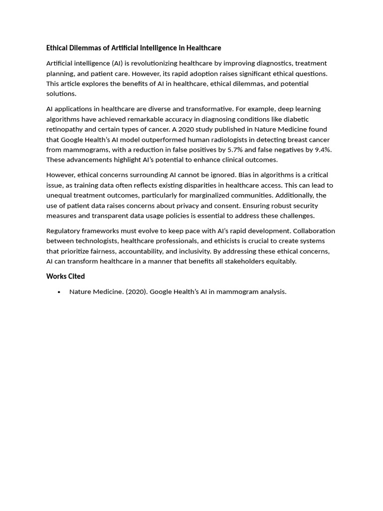 Ethical Dilemmas of Artificial Intelligence in Healthcare | PDF