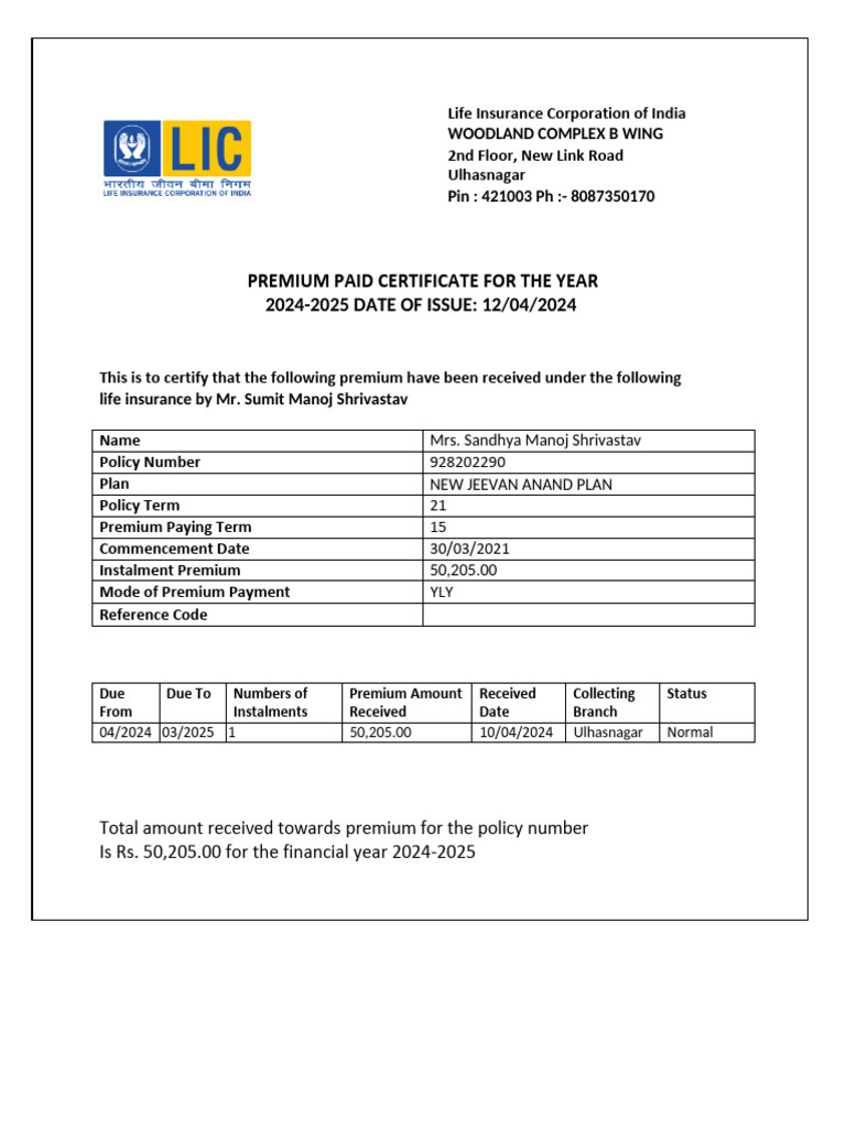 Lic Premium Certificate | PDF