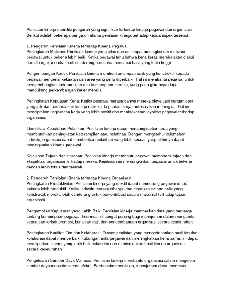 Pengaruh Penilaian Kinerja Terhadap Pegawai dan Organisasi | PDF