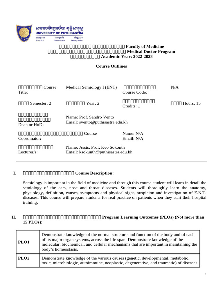 Y2S2 Medical Semiology I - Assis. Prof. Keo Sokonth | PDF | Human Nose ...