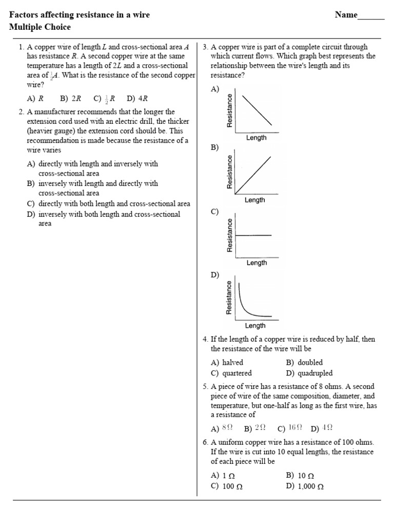 Physics Quiz on Wire Resistance | PDF | Electrical Resistance And ...