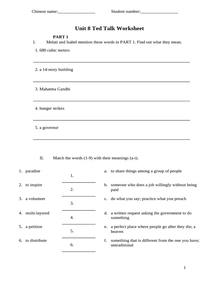 Unit 8 Ted Talk Worksheet | PDF