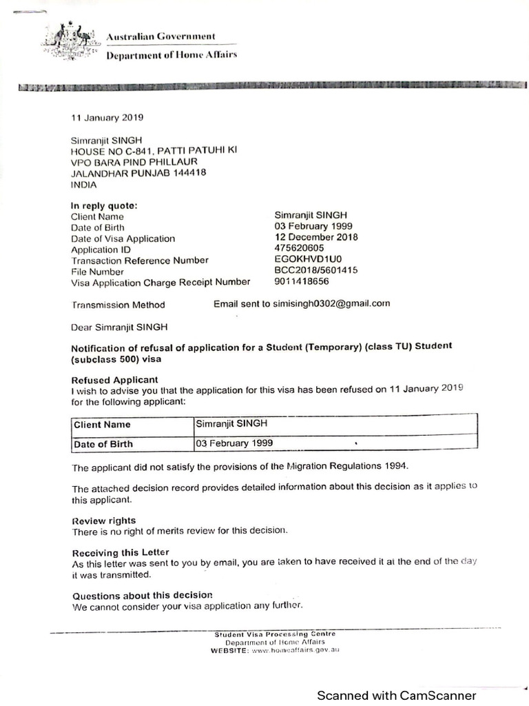 Simranjit Singh Refusal letter | PDF