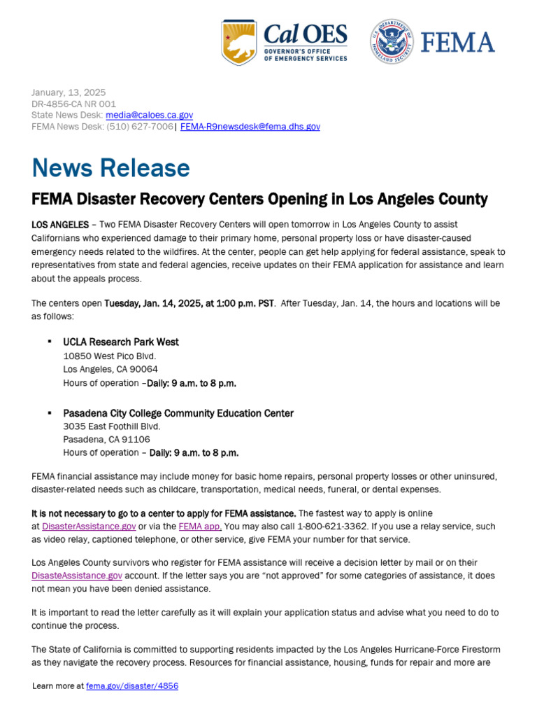 DR-4856-CA NR001 FEMA Disaster Recovery Centers Opening in Los Angeles ...