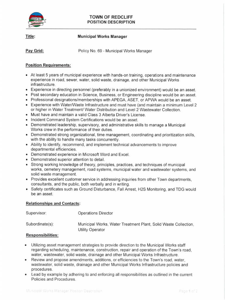 Municipal Works Manager Job Description Jan 2024 4 | PDF
