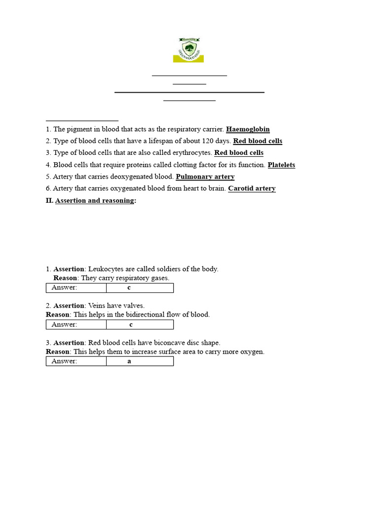 Answer Key - Circulatory System WSH 1 | PDF | Artery | Blood