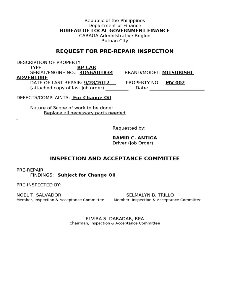 pre & post repair inspection-change oil 5917 | PDF | Motor Vehicle ...
