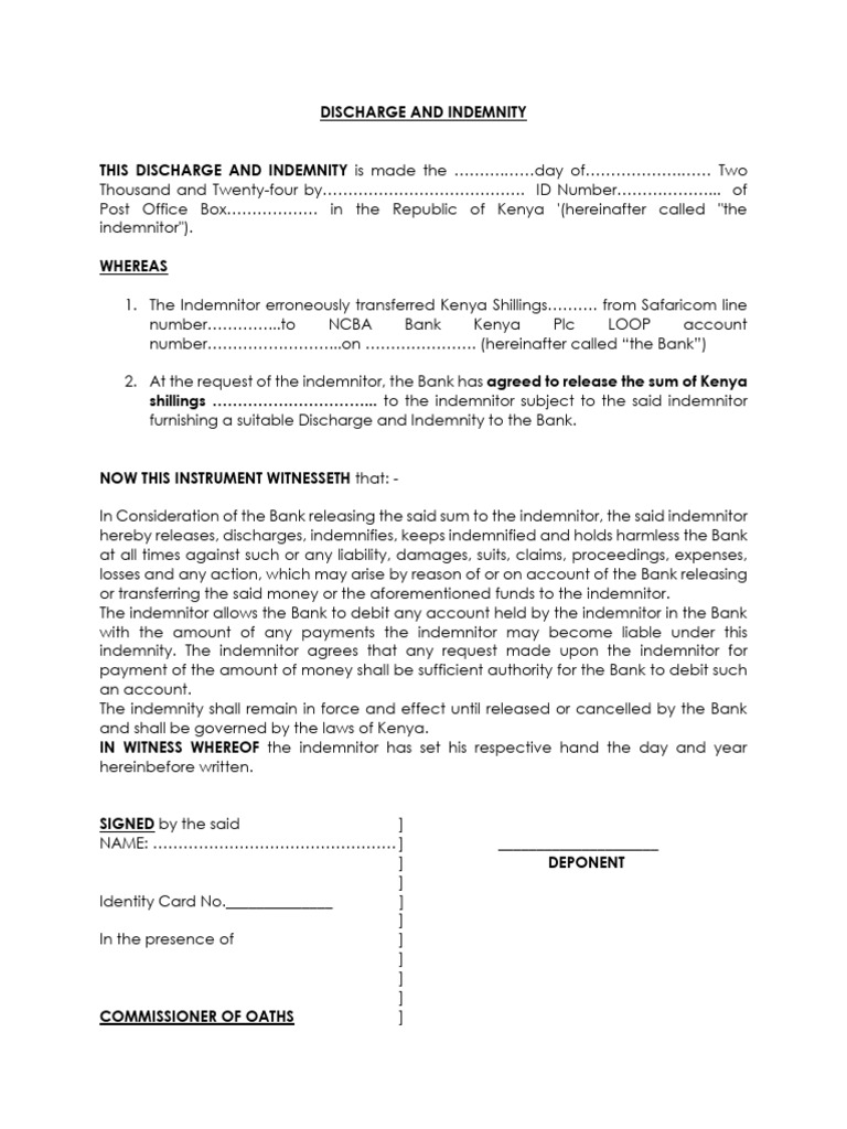 Discharge and Indemnity Agreement | PDF