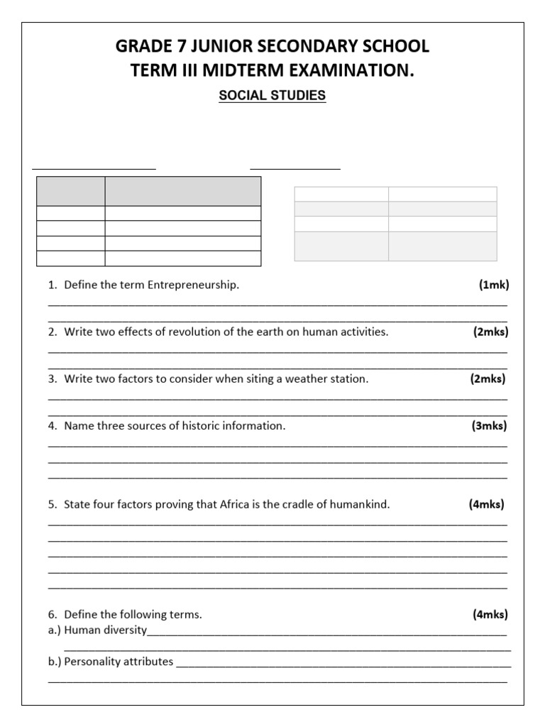 Grade 7 Social Studies Midterm Exam | PDF