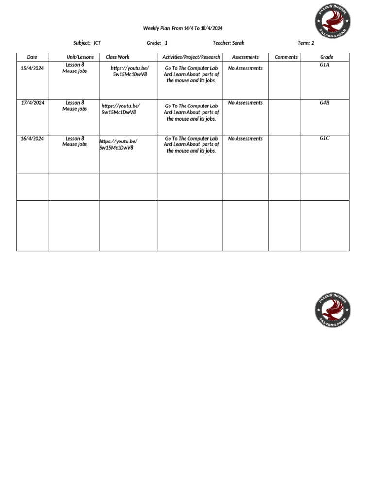 ICT Weekly Plan 14-4 G1 | PDF