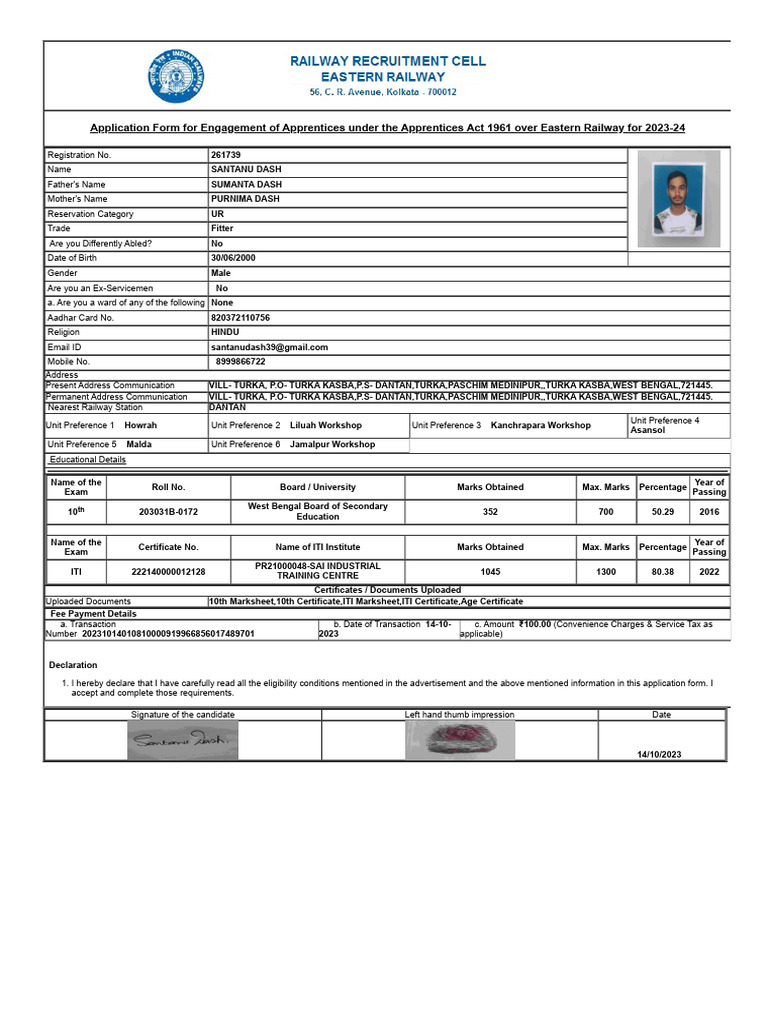 Railway Recruitment Cell - 261739 APPLICATION FORM | PDF