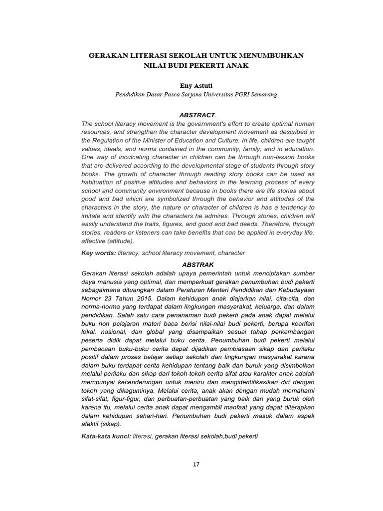 Eny Astuti Gerakan Literasi Sekolah Untuk Menumbuhkan Nilai Budi Pekerti Anak 1 | PDF