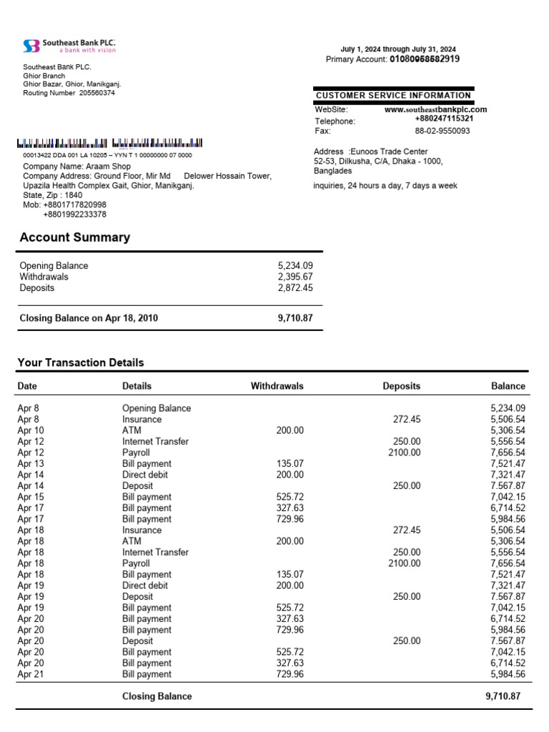 Southeast Bank Transaction Summary | PDF | Banks | Debit Card