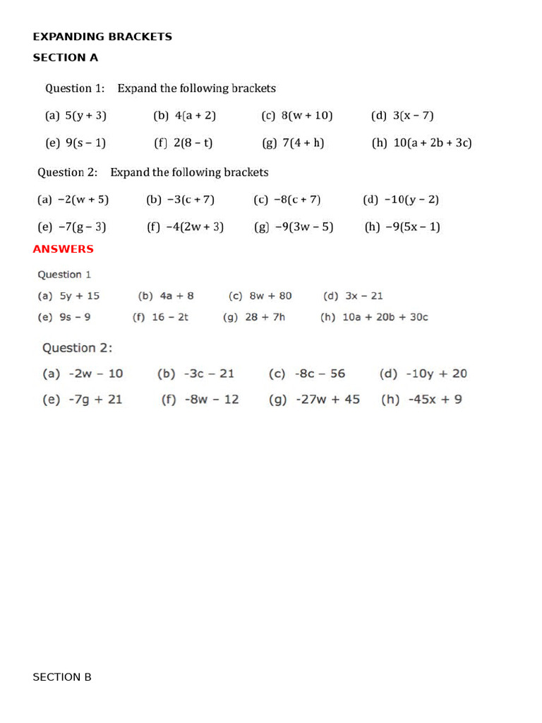 Expanding Brackets Worksheet | PDF