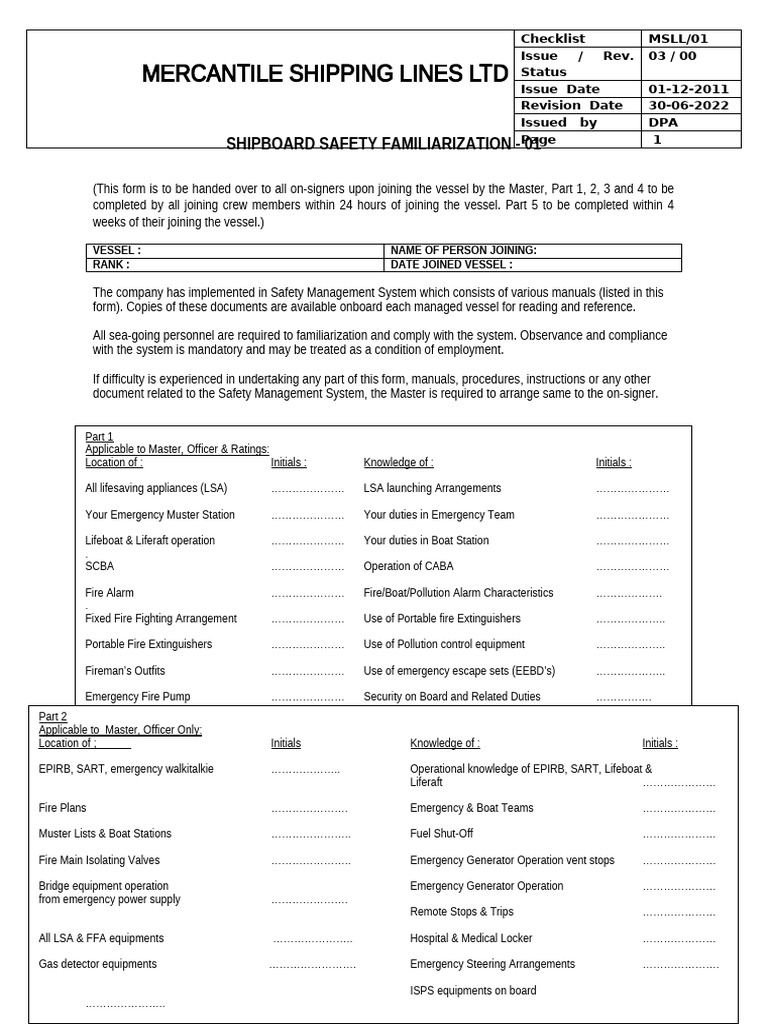 Safety Familiarization Check List | PDF