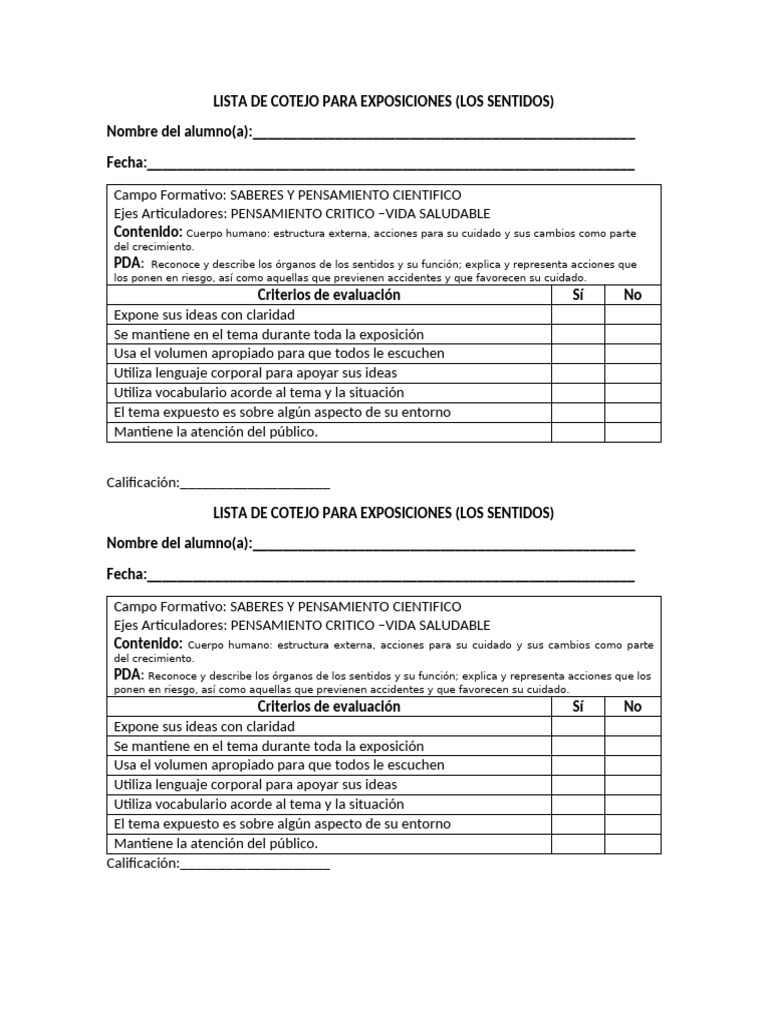 LISTA DE COTEJO PARA EXPOSICIONES LOS SENTIDOS | PDF