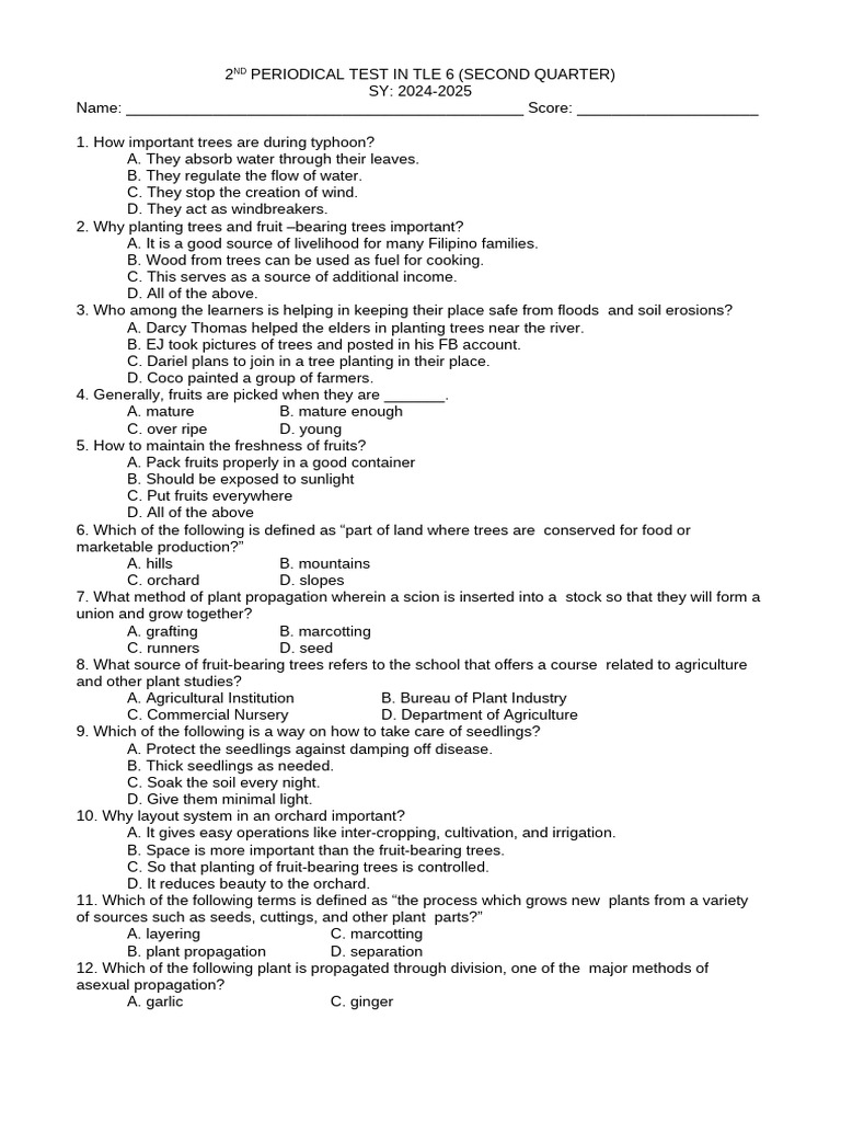 2ND Periodical Test in Tle 6 | PDF | Trees | Grafting