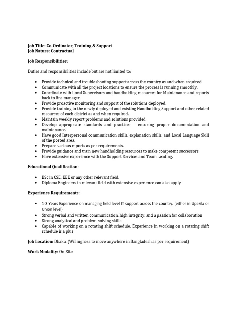 JD for Co-Ordinator, Training & Support | PDF