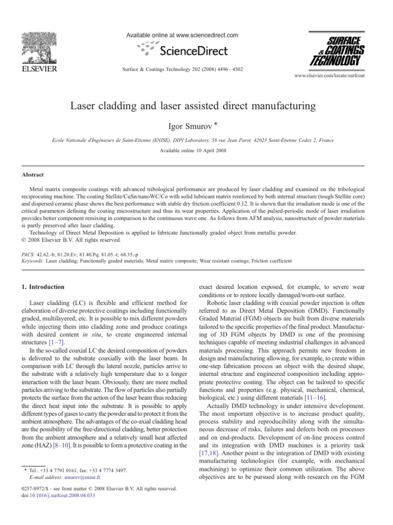 Advances in Laser Cladding Technology | PDF | Atomic Force Microscopy ...