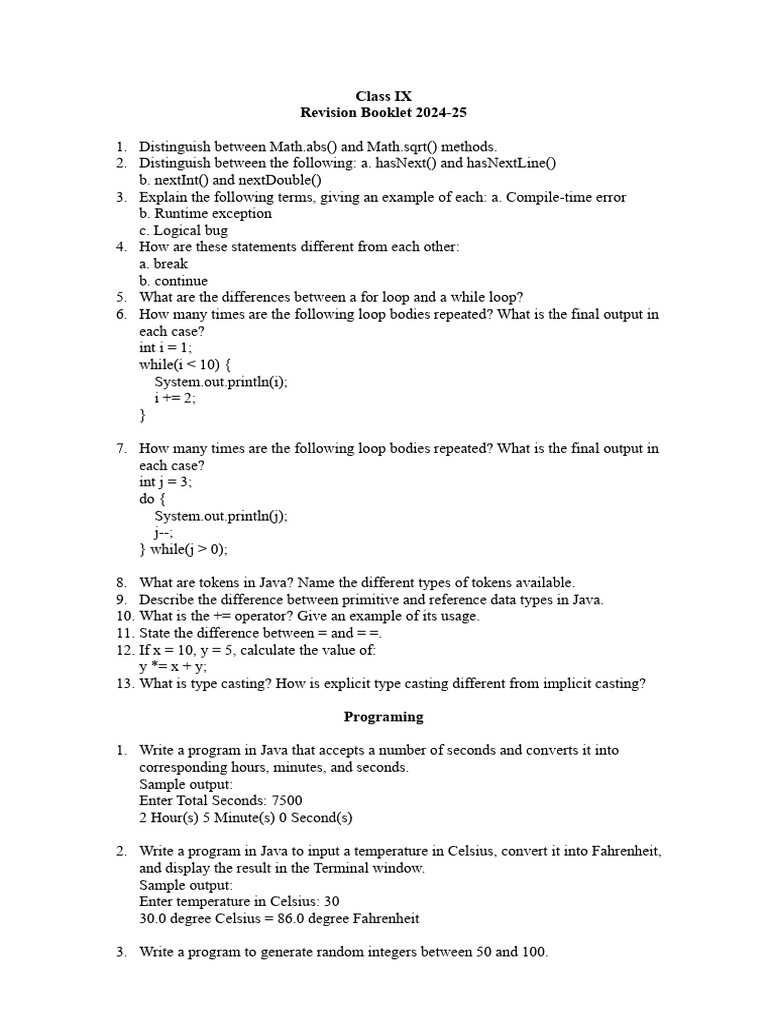 Revision Booklet Class 9 Computers | PDF | Computer Programming | Numbers