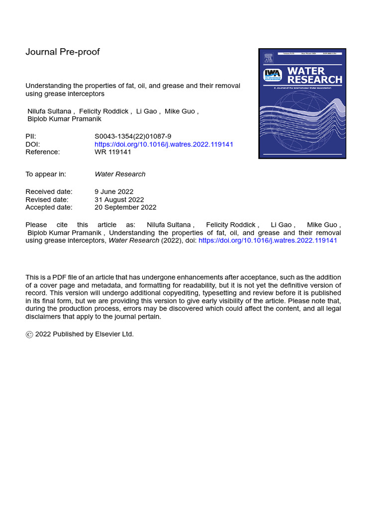 Journal Pre-Proof: Water Research | PDF | Emulsion | Fatty Acid