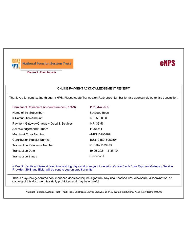 NPS Premium Receipt – 1 | PDF