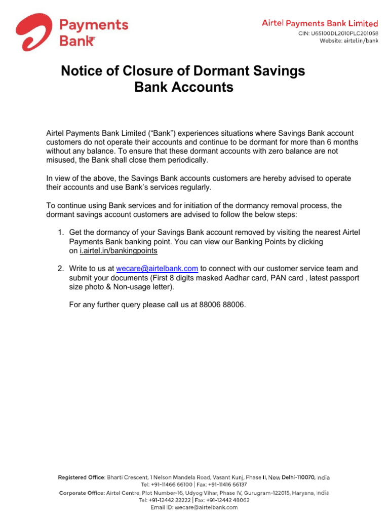 Dormant - Account - Closure - Notice Airtel | PDF