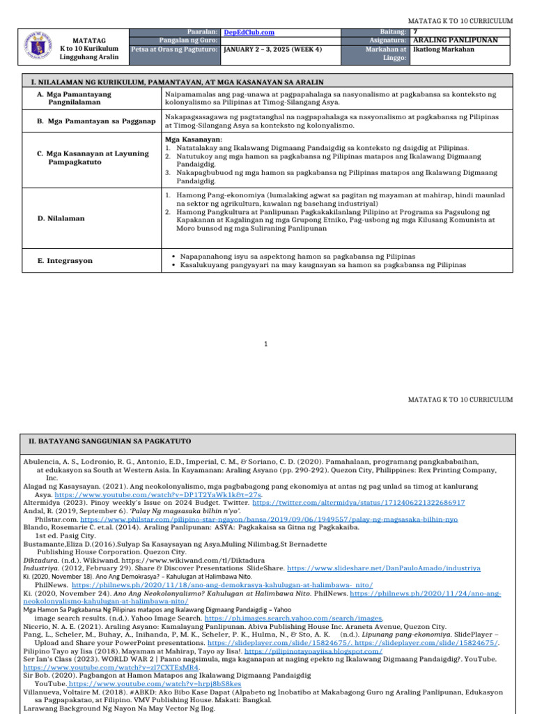 DLL Matatag - Araling Panlipunan 7 Q3 W4 | PDF