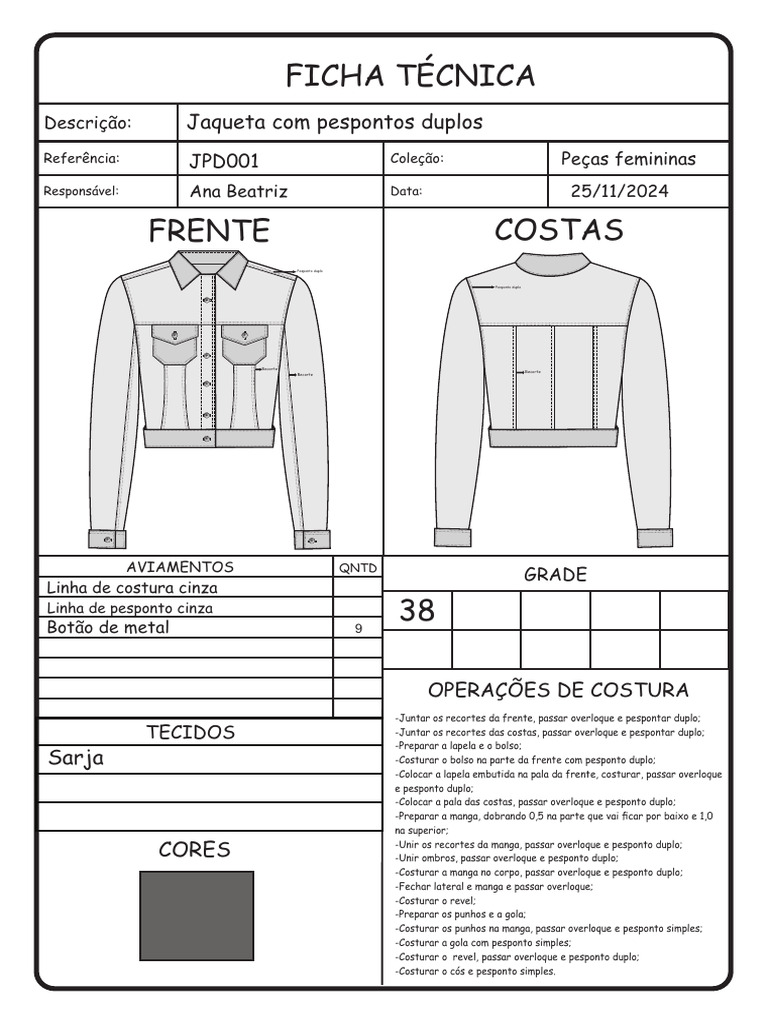 Ficha Jaqueta Feminina | PDF | Roupas | Artes Têxteis