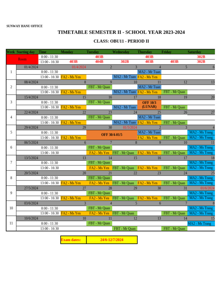 OBU11 - Timetable Sem II Year I - Period 2 | PDF