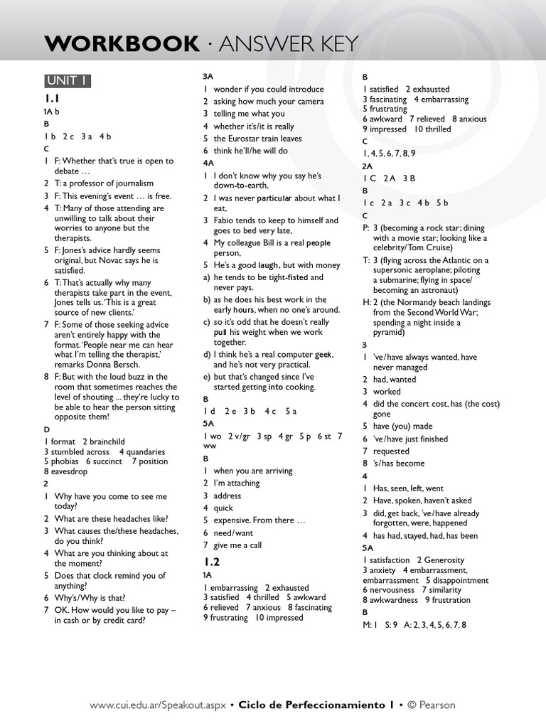 WORKBOOK ANSWER KEY - Pearson ELT | PDF