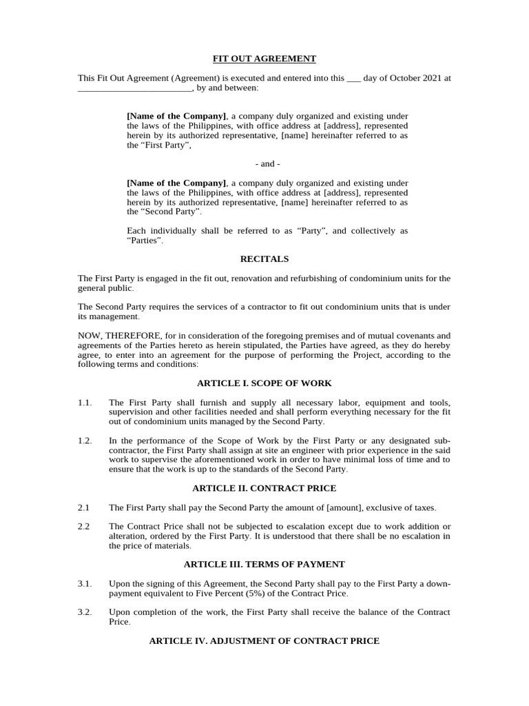 Fit out Agreement | PDF | Indemnity | Prices