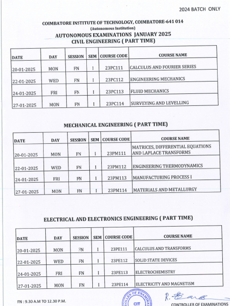 Exam Time Table First Year Mca Mba Me PT | PDF